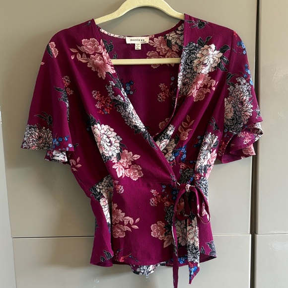 Monteau | Tops | Monteau Womens Floral Wrap Blouse Purple And Pink ...
